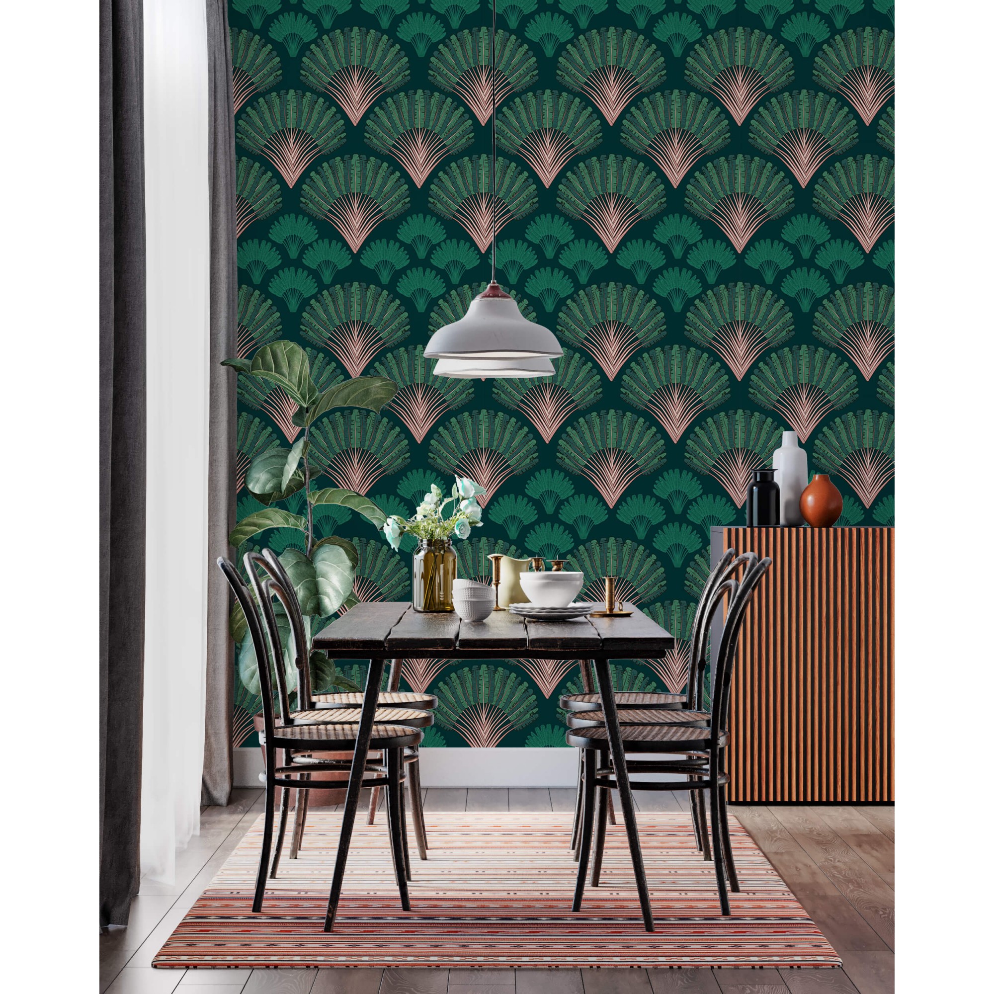 Deep green Art Deco wallpaper – elegant fan pattern