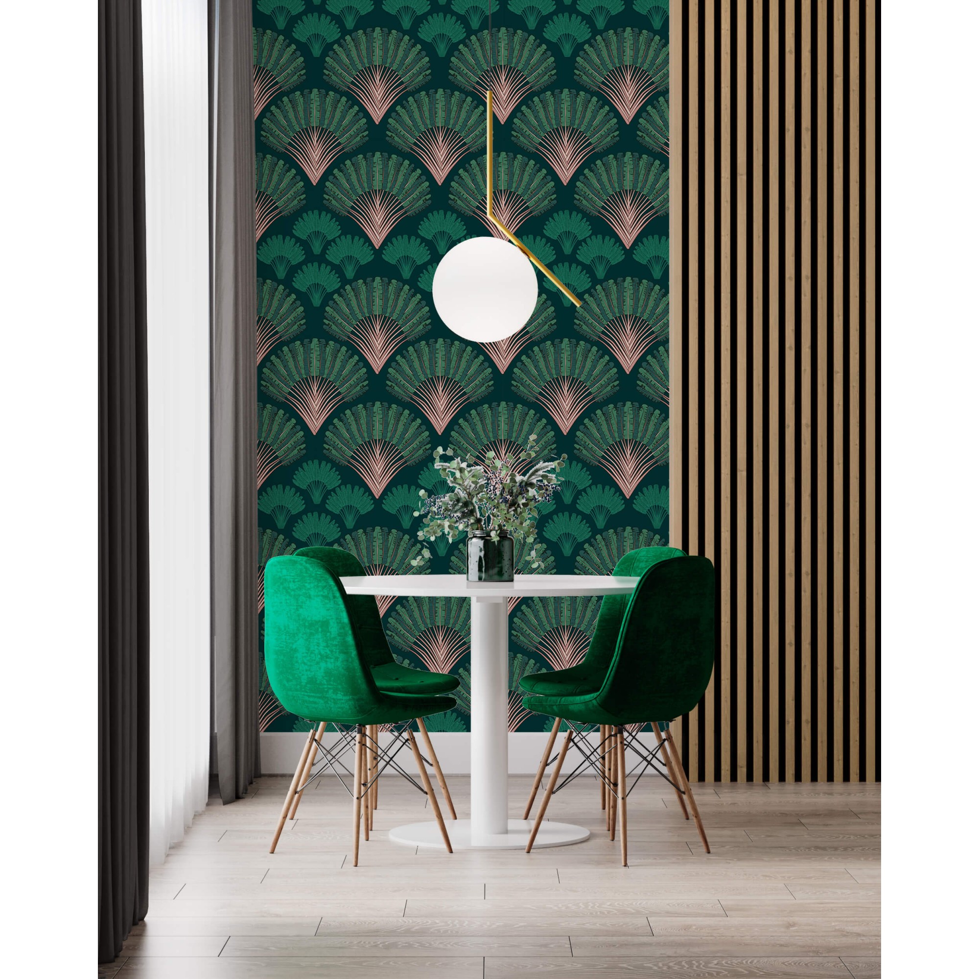 Deep green Art Deco wallpaper – elegant fan pattern