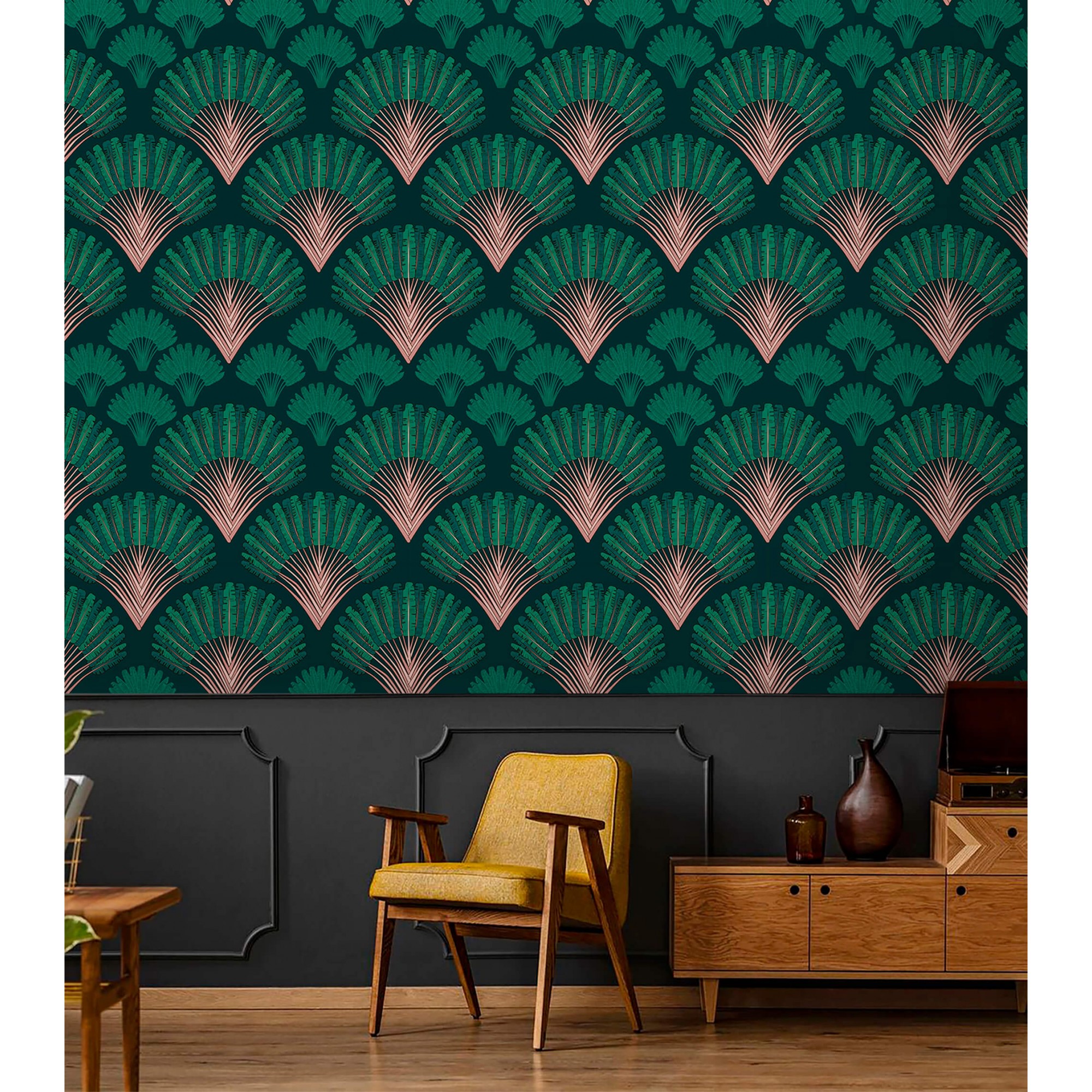 Deep green Art Deco wallpaper – elegant fan pattern