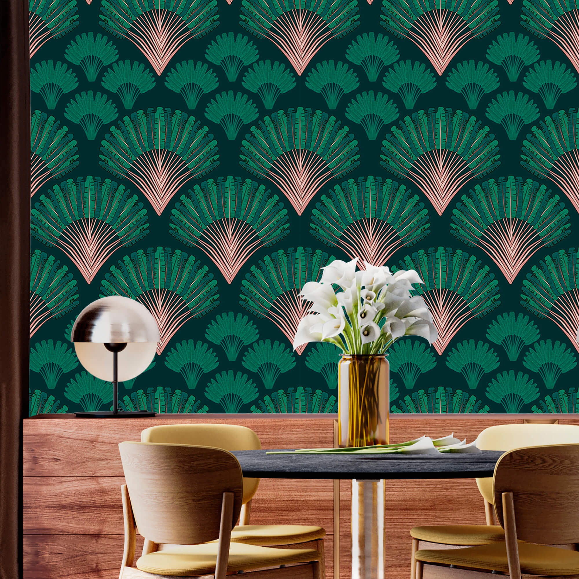 Deep green Art Deco wallpaper – elegant fan pattern