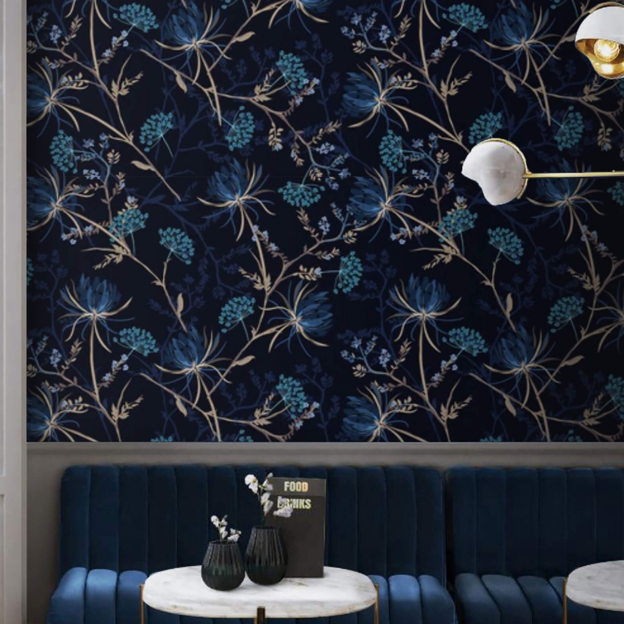 Moody floral wallpaper, dark blue flowers wall covering