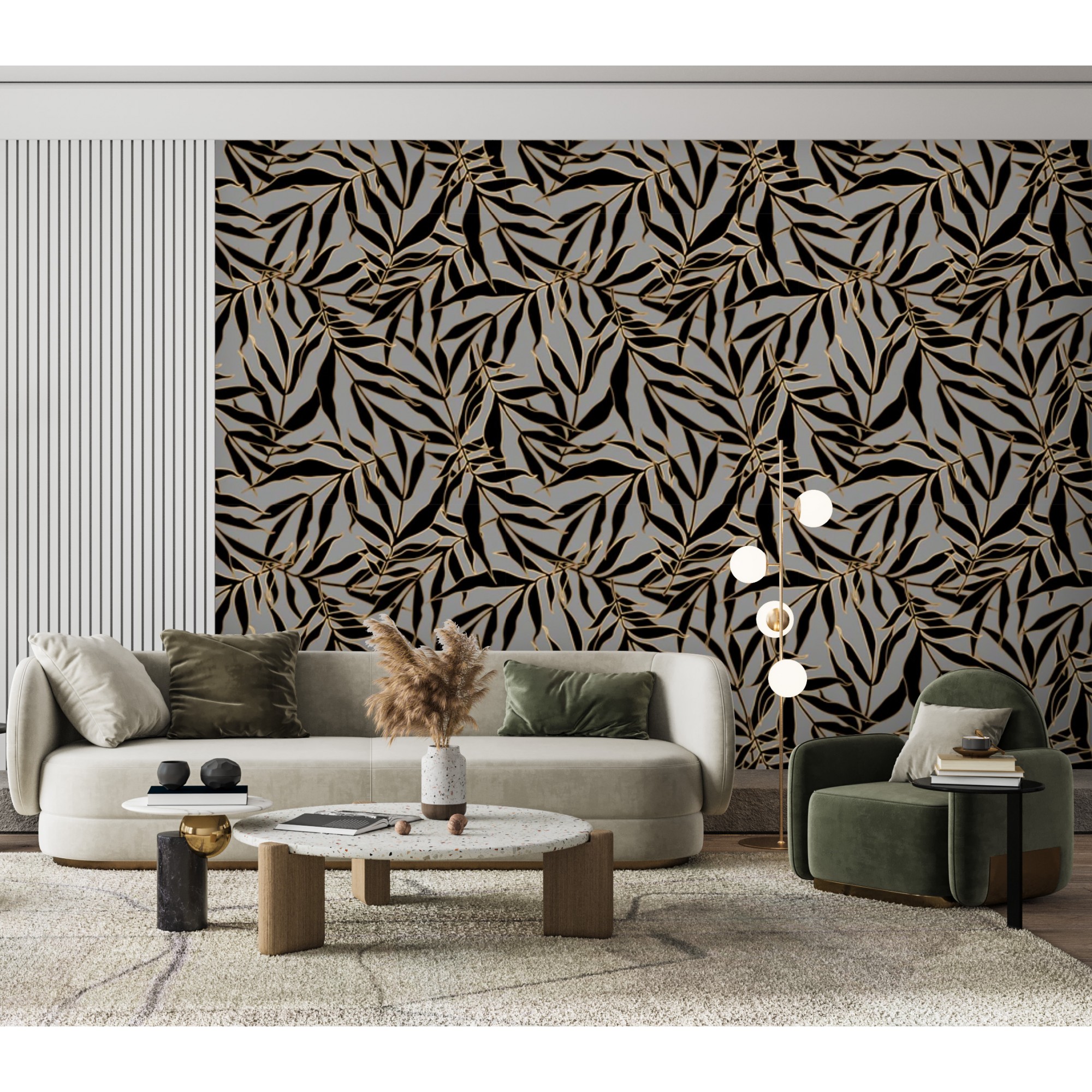 Dark wallpaper gold linear leaves non metallic | ArtMyWall