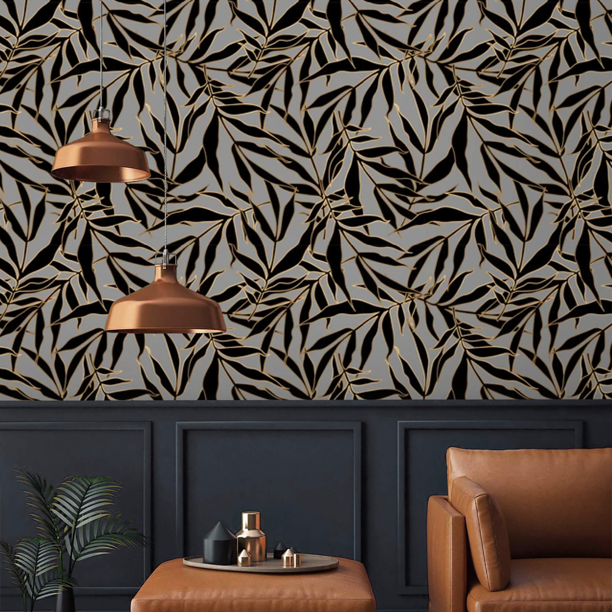 Dark wallpaper gold linear leaves non metallic | ArtMyWall