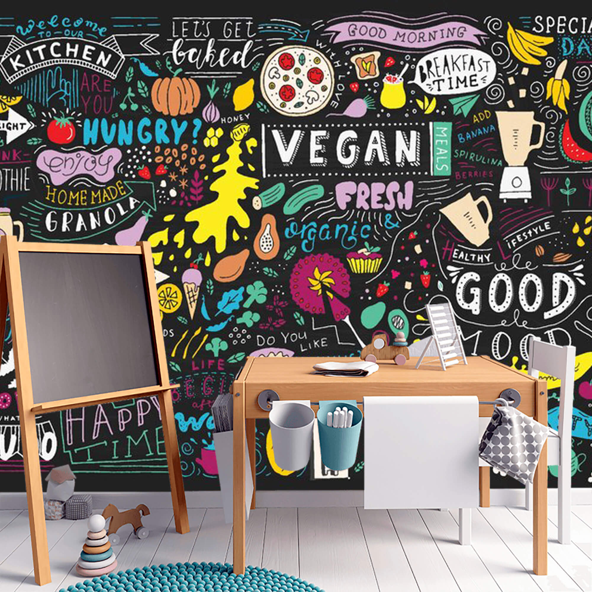 Kitchen wallpaper mural, food themed wall decor