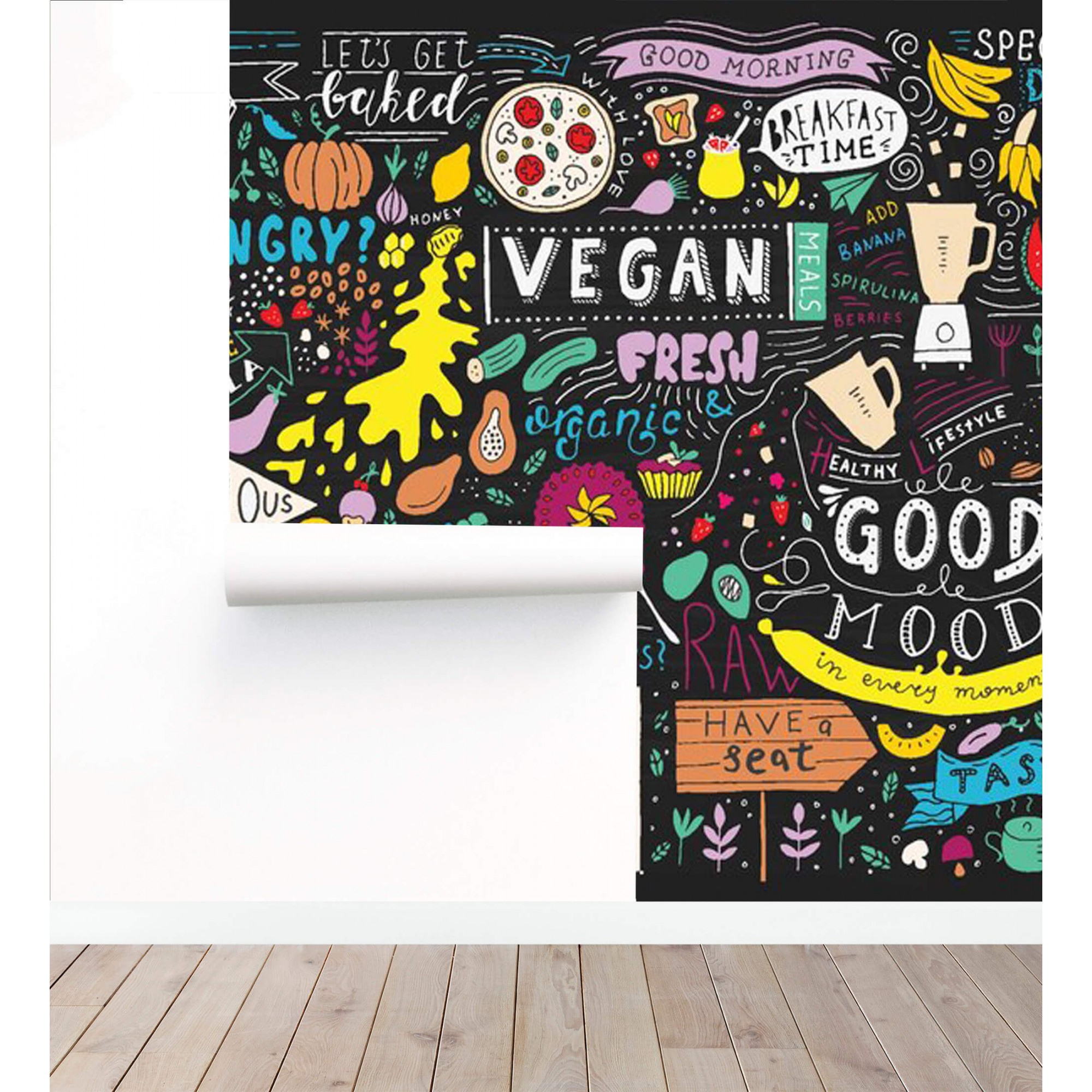 kitchen wallpaper mural, food themed peel and stick removable wall ...
